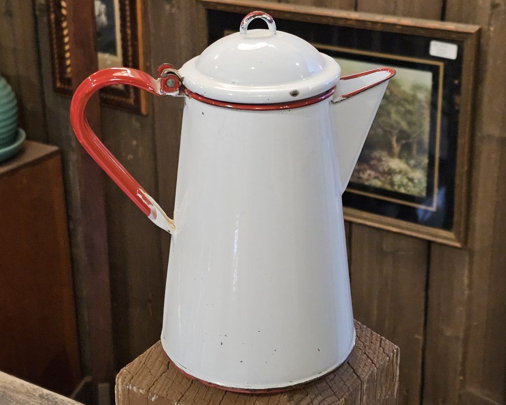Red White Enamelware Coffee Pot Original Great Shape